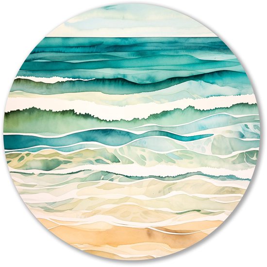 Aquarel zee en strand schilderij - Zee muurcirkels - Wandobject rond golven - Aquarel... | bol