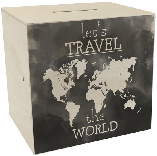 Houten spaarpot met wereldkaart - let's travel the world - 1 stuk ...