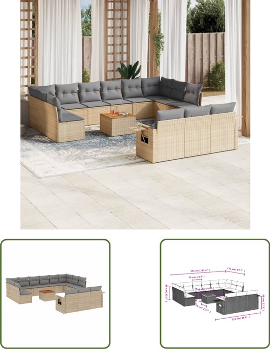 vidaXL Lounge Set - Loungeset - 14-delige Loungeset met kussens poly ...