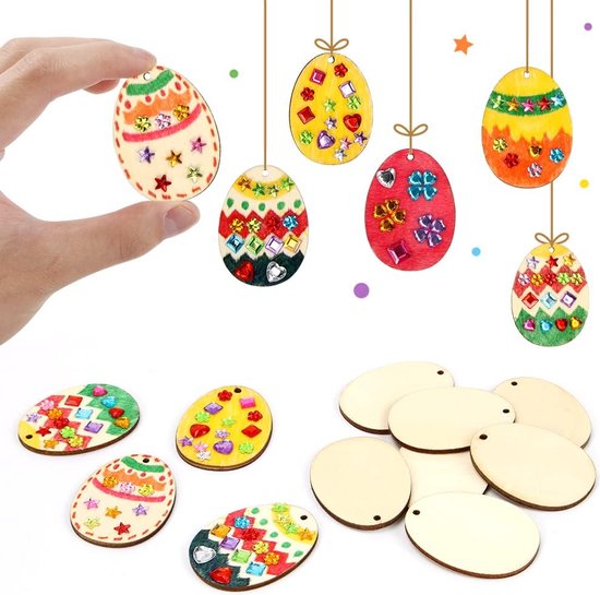 Houten paasversiering, 60 houten paaseieren, paashanger, houten schijf ...