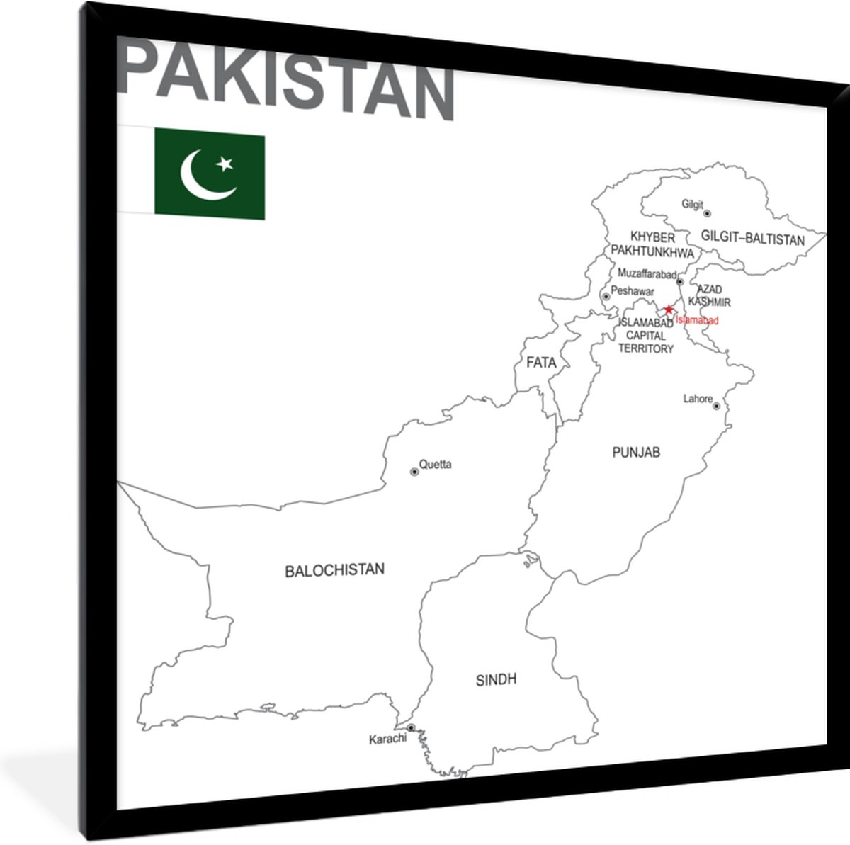 Fotolijst incl. Poster - tekening van Pakistan en haar provincies ...