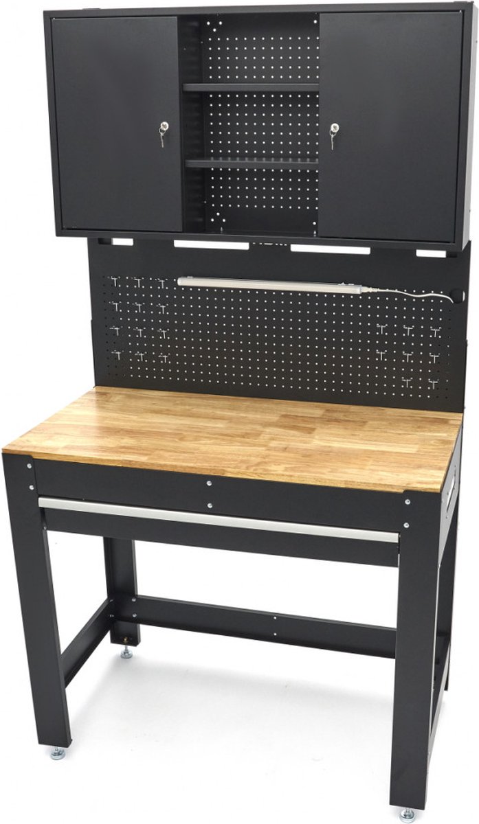 115 Cm. Werkbank Met Houten Werkblad, Achterwand Met Kastenwand, Led ...