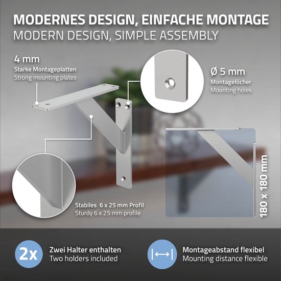 ML-Design 6 stuks plankdrager 180x180 mm, zilver, aluminium, zwevende ...