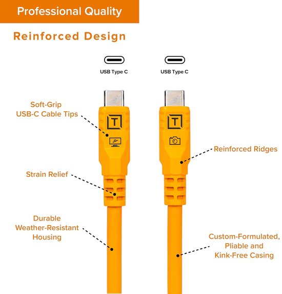 Snelle USB-C Tethering Kabel 3 Meter Oranje Hoge Zichtbaarheid 10 Gbps ...