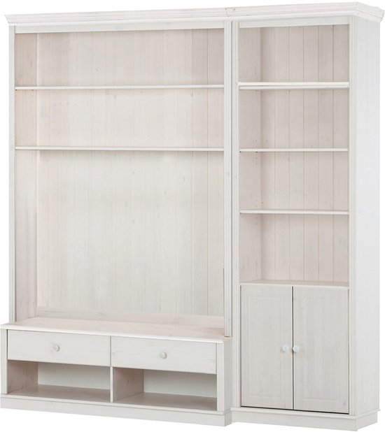 Anita|Bibliothèque avec meuble TV bas en bois de sapin blanchi blanc | bol