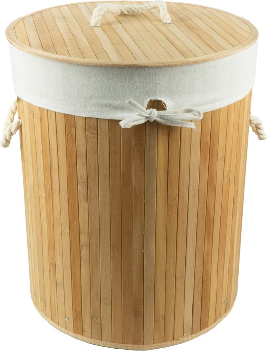 Ronde Wasmand met Deksel en Uitneembare Zak - Beige Bamboe Wasbox | bol