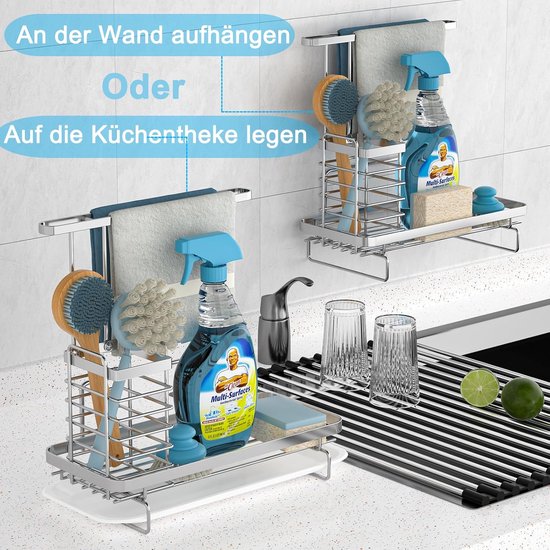 RVS Gootsteen Organizer Set: Sponzenhouder en Opvouwbaar Droogrek voor ...