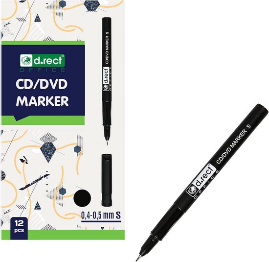 Set van 12 Permanente CD/DVD Markers 0,4-0,5 mm Zwart voor Glas en ...