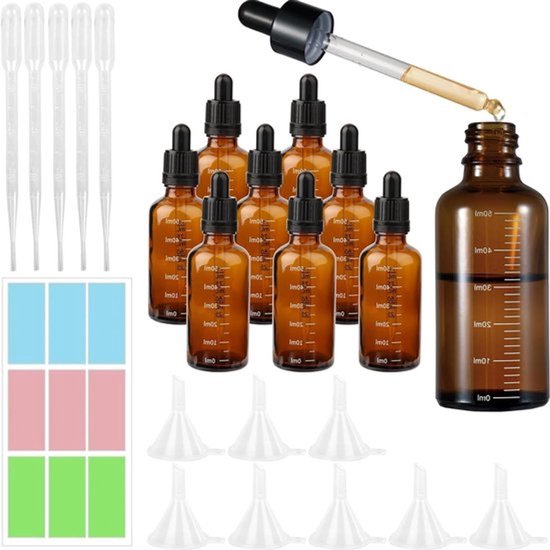 KARZO - 8 stuks apothekersflessen van 50 ml in bruin glas met pipet ...