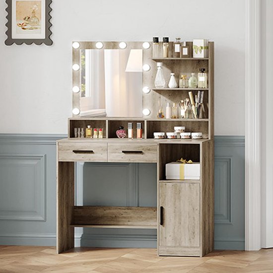 Kaptafel met Spiegel en 10 Ledlampen, Make-Uptafel met 3 Planken en 4 ...