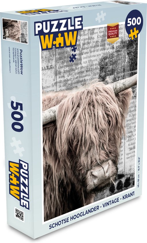 Puzzel Schotse hooglander - Vintage - Krant - Legpuzzel - Puzzel 500 ...