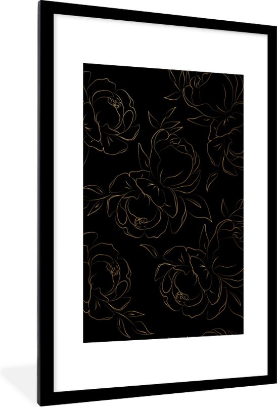 Fotolijst incl. Poster - Patronen - Goud - Rozen - Line Art - 80x120 cm ...