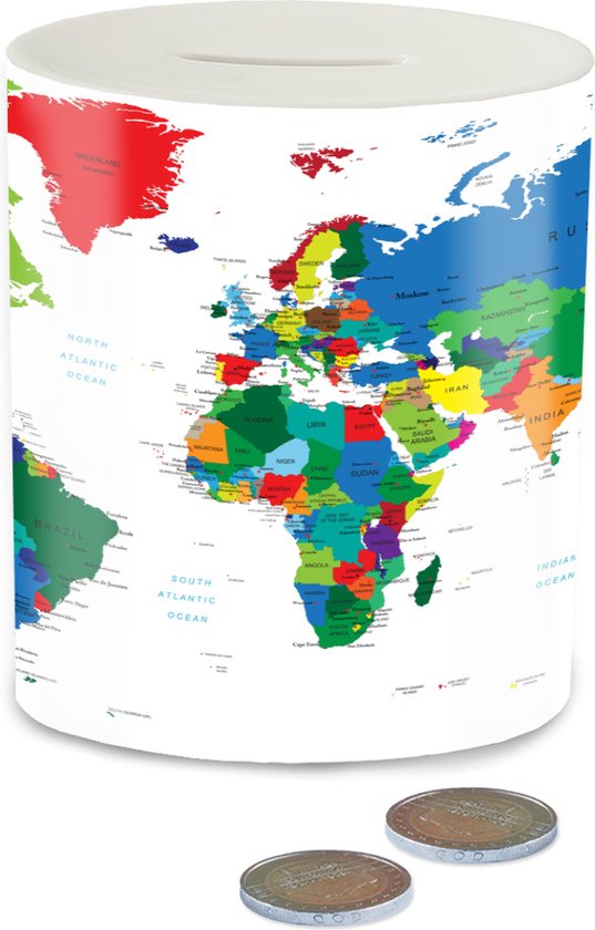 Spaarpot - Spaarblik - Wereldkaart - Kleuren - Topografie - Spaarpotten ...