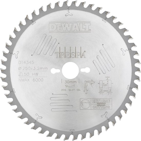 DeWALT Cirkelzaagblad voor HPL | Extreme | Ø 250mm Asgat 30mm 50T - DT4345-QZ | bol
