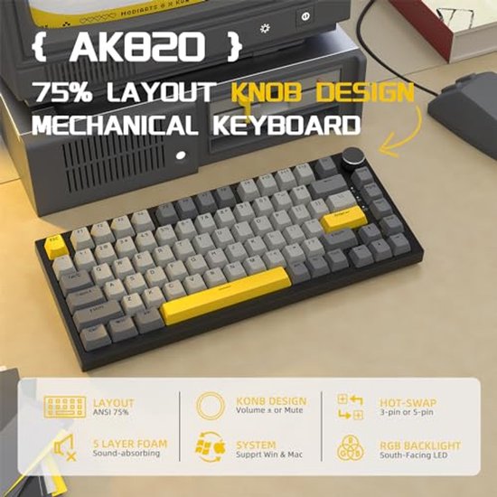 Mechanisch Toetsenbord 75% ANSI-indeling met RGB-verlichting voor ...