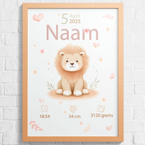 Babyposter - Leeuw - Gepersonaliseerd met naam en geboorte gegevens ...