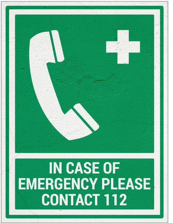 In case of emergency please contact 112 bord met tekst - Sign Again ...