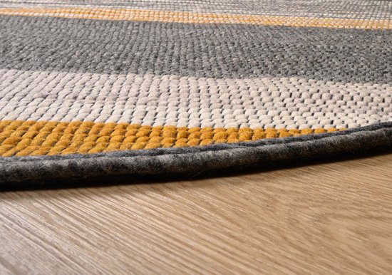 Rond wollen vloerkleed strepen Lett - okergeel/grijs 120 cm rond | bol.com