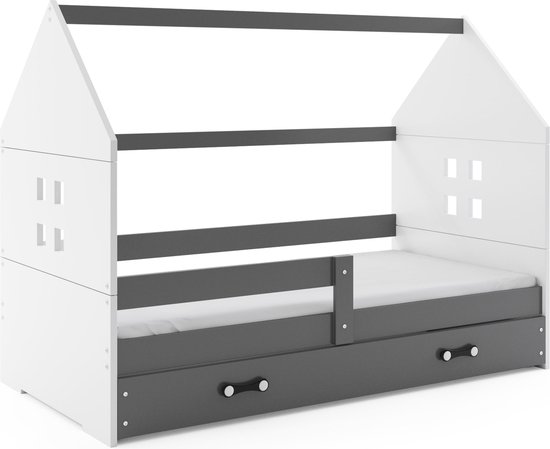 Kinderbed Huisje Grijs & Wit 80x160 cm – Inclusief Uitschuiflade ...