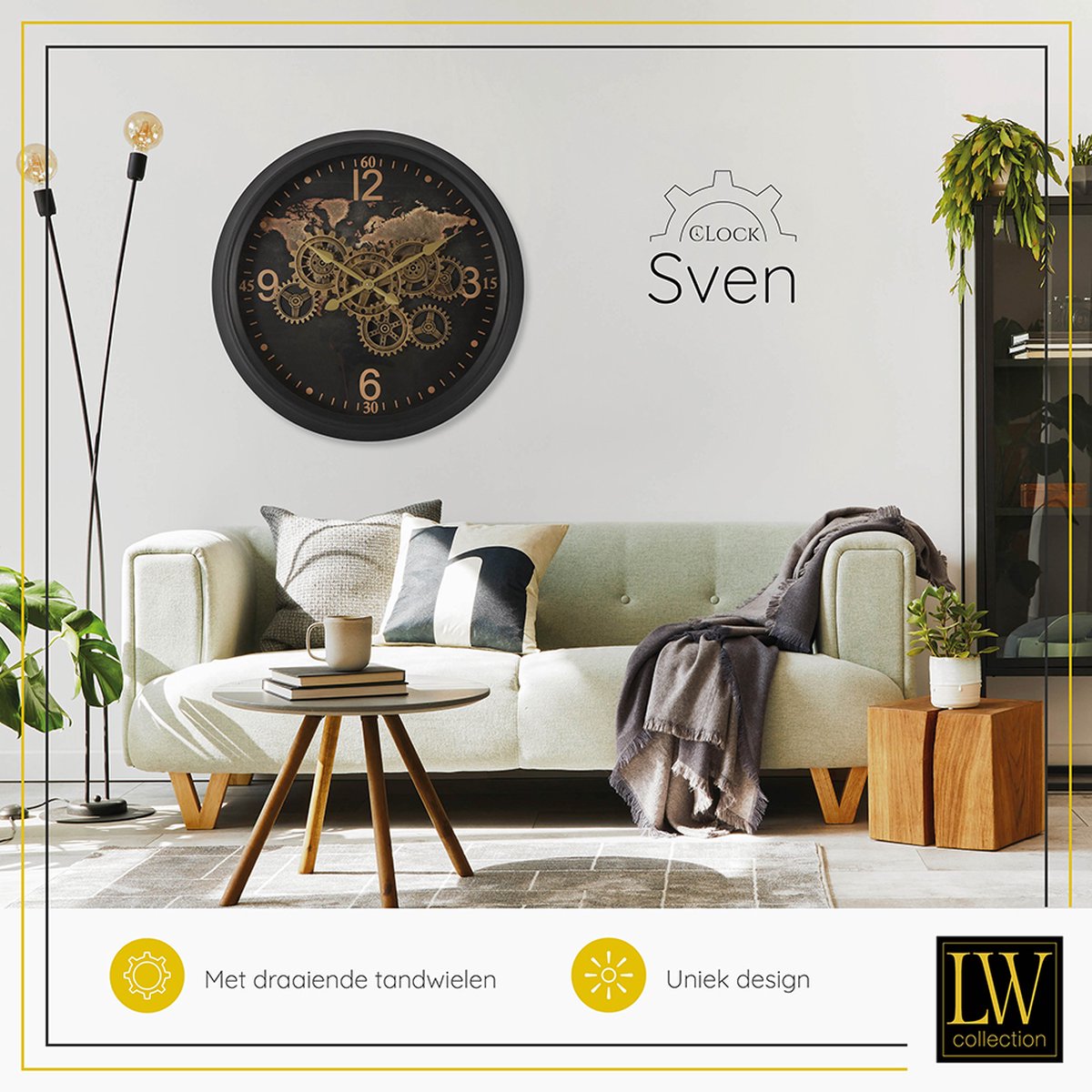 LW Collection wandklok met draaiende tandwielen zwart 62cm - Radar ...