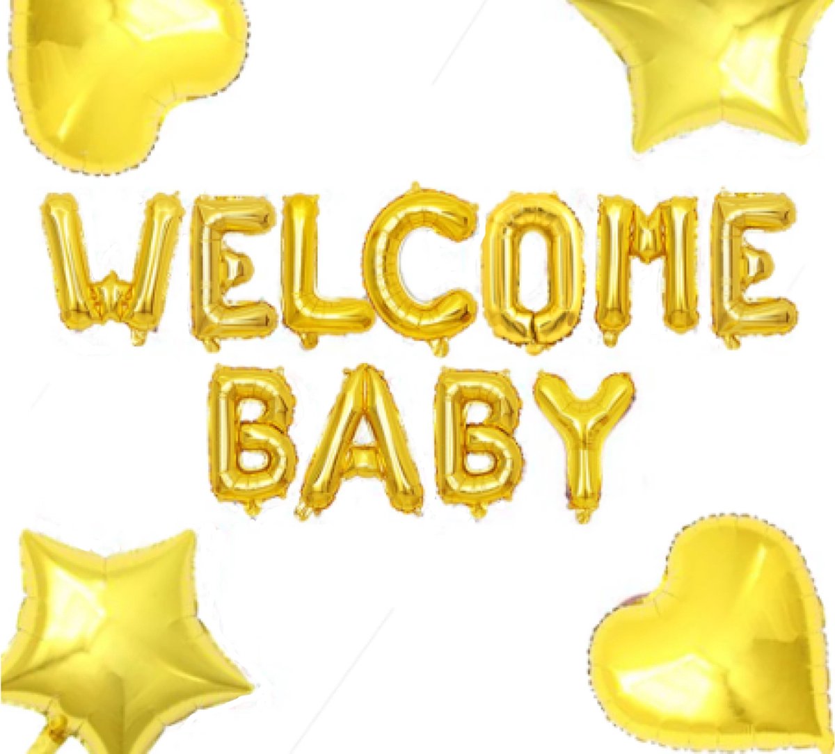 Folie ballon letters Welcome Baby + 2 sterren + 2 harten goud ...