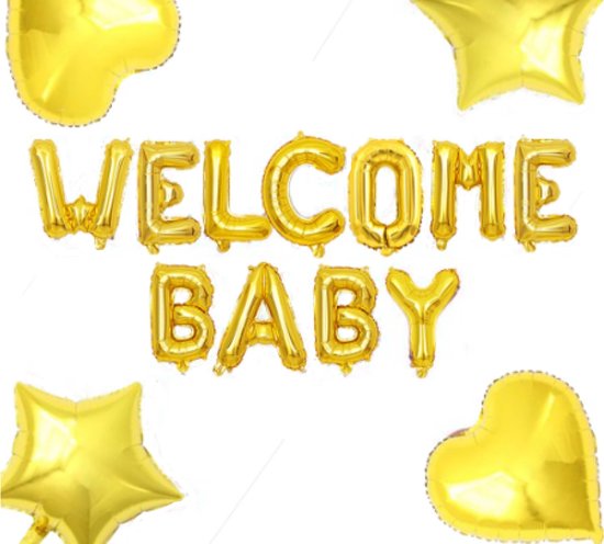 Folie ballon letters Welcome Baby + 2 sterren + 2 harten goud ...
