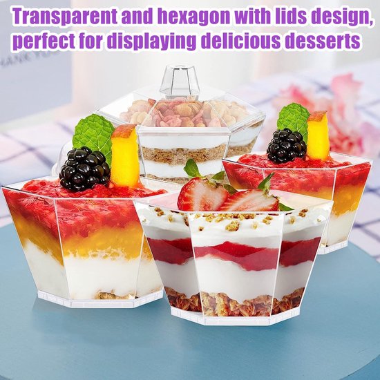 LATERN Pack of 50 Plastic Dessert Cups with Lids, 100 ml Hexagonal ...