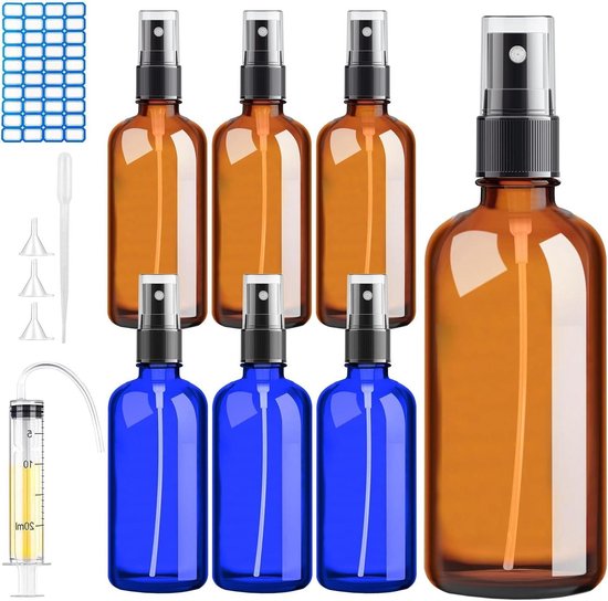 6pcs Amber Glass Spray Bottles 100ml - Syringe Funnel Label Sticker ...
