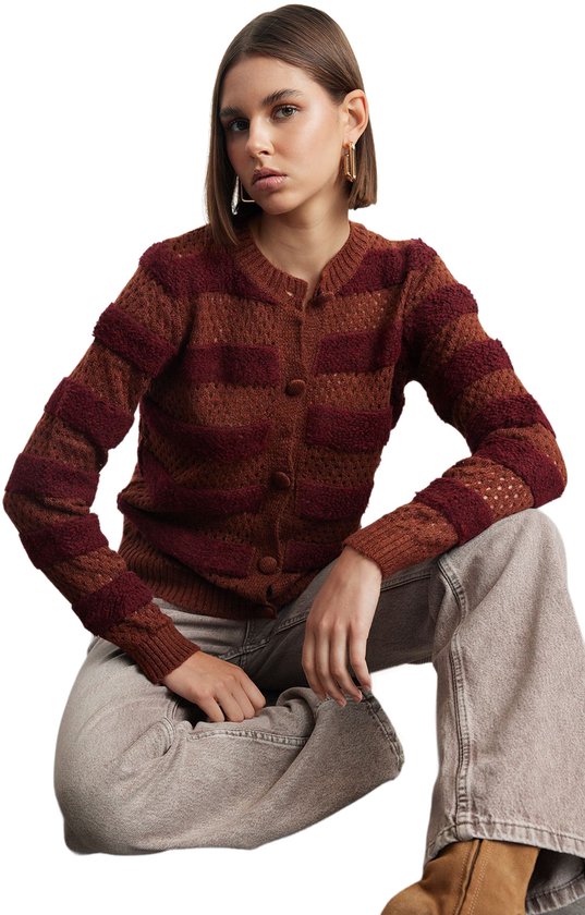 Trendyol Claret Red Color Block Jacket Look Breiwerk Cardigan ...