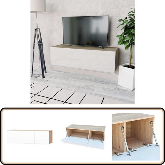 vidaXL Tv-meubel 120 cm - Hoogglans Wit & Eiken Tv Kast - Mediabox ...