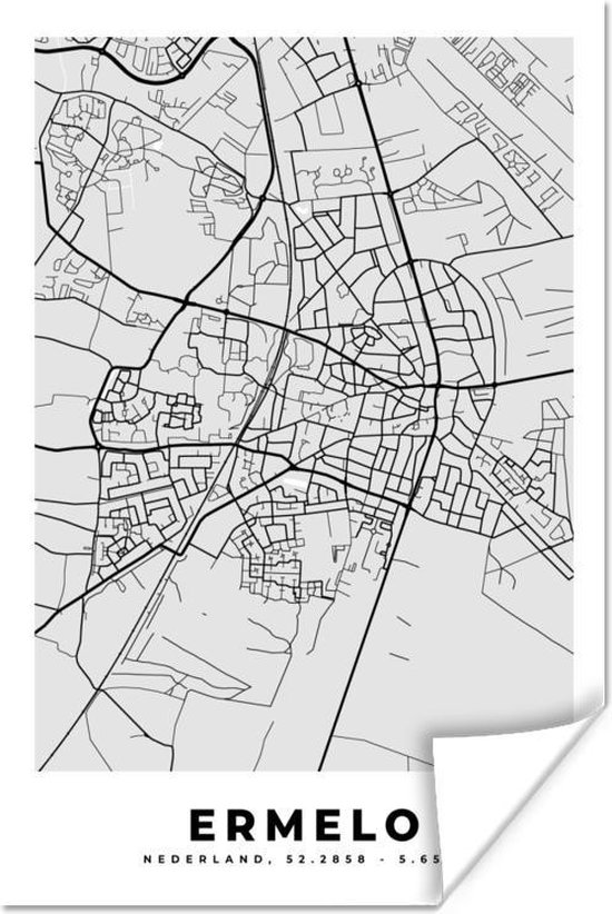 Poster Stadskaart - Ermelo - Grijs - Wit - 120x180 cm XXL - Plattegrond ...