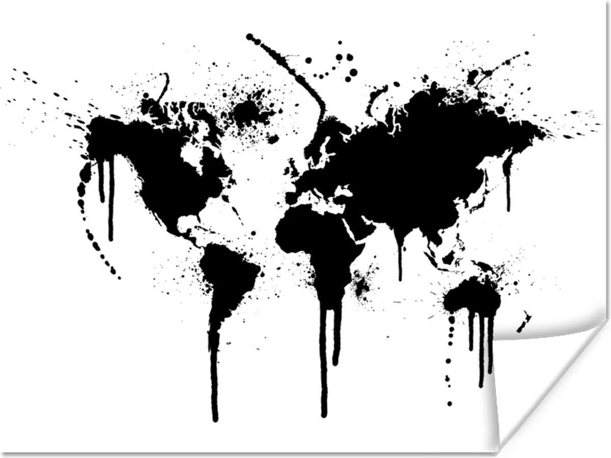 Wereldkaart zwarte inkt poster | Wereldkaart Poster 80x60 cm | bol.com