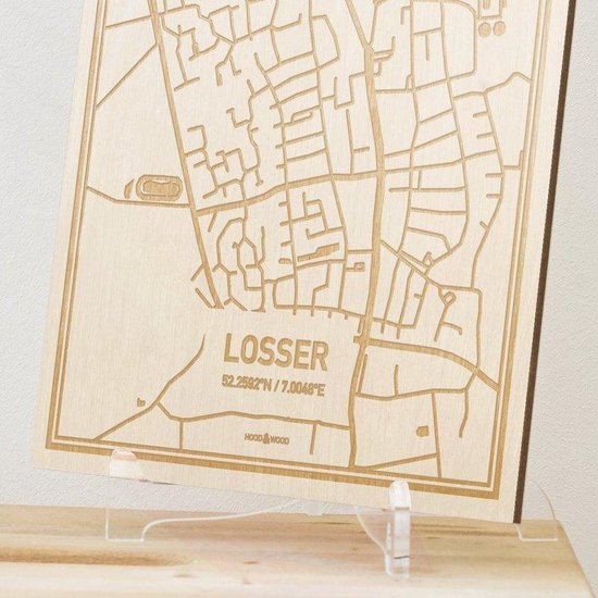 Kaart Losser - Gegraveerde stadskaart Hood&Wood - Hout, A4 | bol.com
