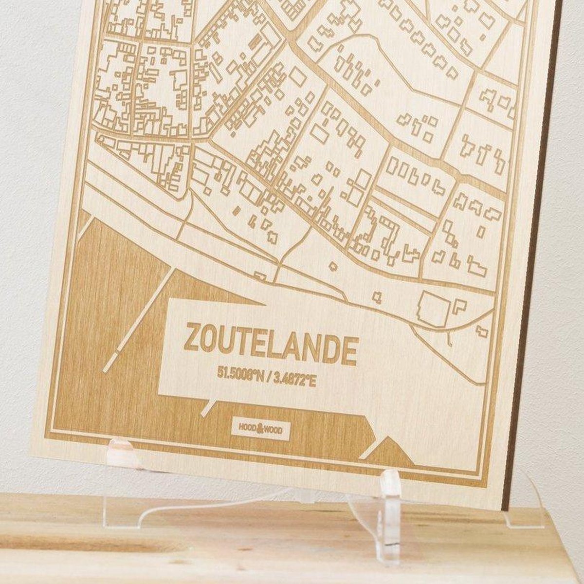 Kaart Zoutelande - Gegraveerde stadskaart Hood&Wood - Hout, A4 | bol.com