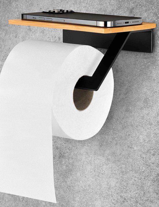 WC Rolhouder Zonder Boren Met Plank Zwart - Om Te Plakken Met Houten ...