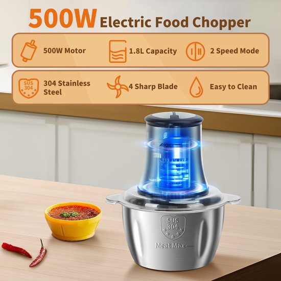 Aigostar Flor 30H91 - Hakmolen Elektrisch - Food Chopper - 1,8L - 2 ...