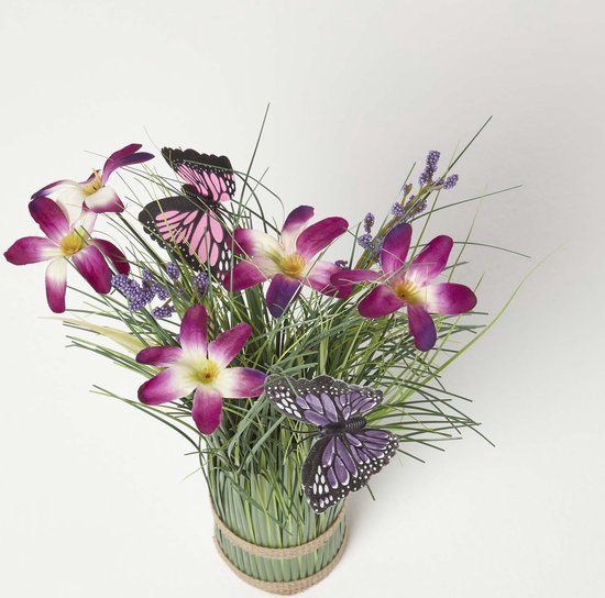 Homescapes kunstgrasdecoratie met vlinders en bloemen, 35 cm hoog ...