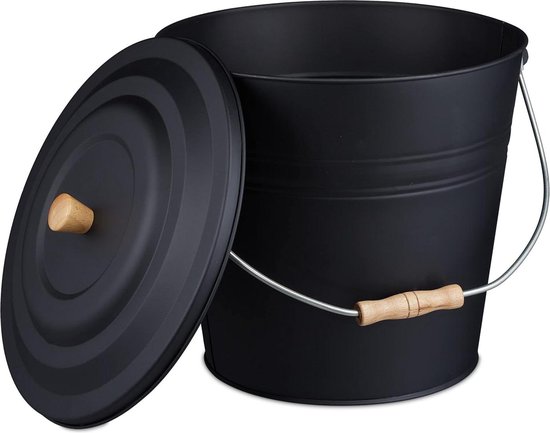Asemmer met deksel 12 liter - Kolenemmer van staal en hout - Emmer met ...