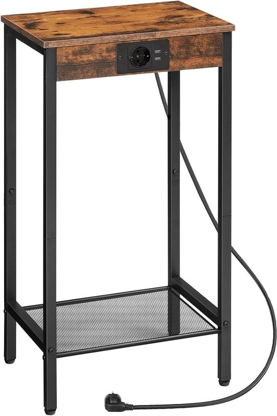 Side Table with Charging Station Net Shelf - Narrow Bedside Table for ...