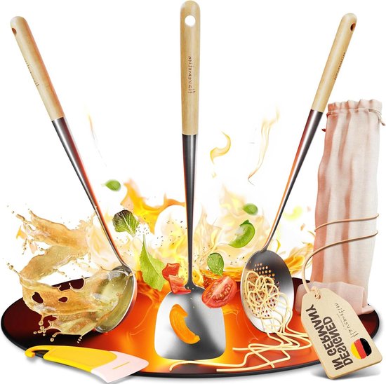 Wok spatel en pollepel set van hoogwaardig roestvrij staal - met houten ...