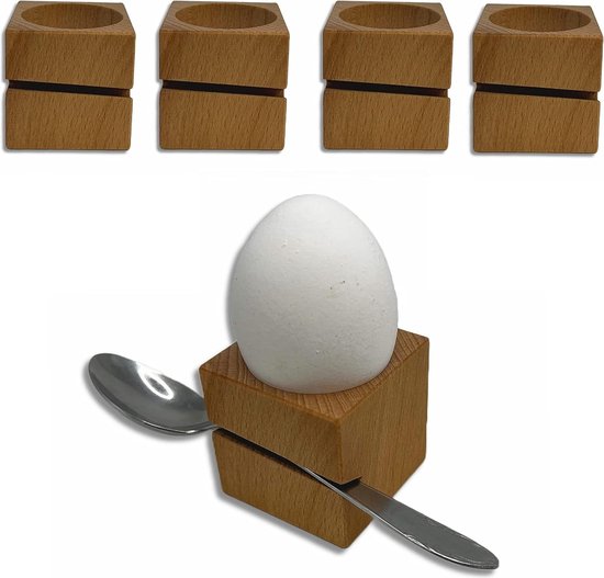 Eierdopjes van massief hout met lepelhouder - modern hoekig design | bol