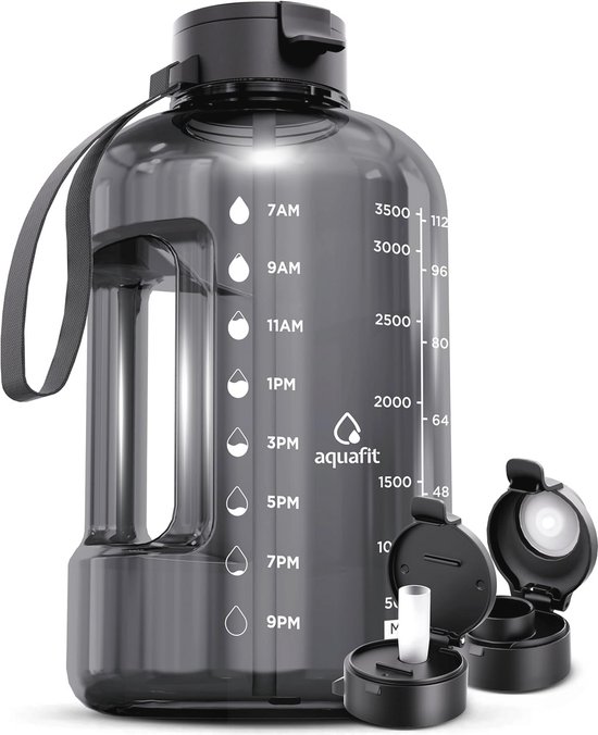 Grote waterfles met rietje en tijdmarkeringen, 3,8 l, grijs | bol