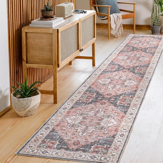 Wasbaar vloerkleed - Vintage uitstraling - 1 stuk - Roze - 60 x 300 cm ...