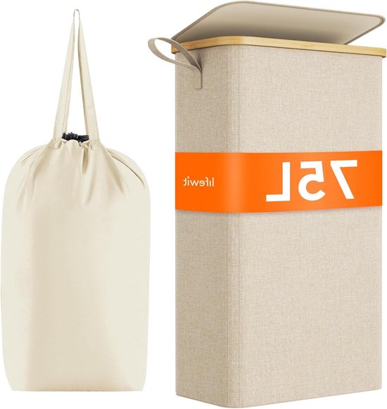 Slanke Wasmand 75 liter met Deksel, Bamboe Handvatten en Uitneembare ...