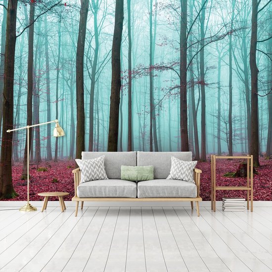 Fotobehang - Vlies Behang - Bos met Rode Bladeren - 416 x 254 cm | bol