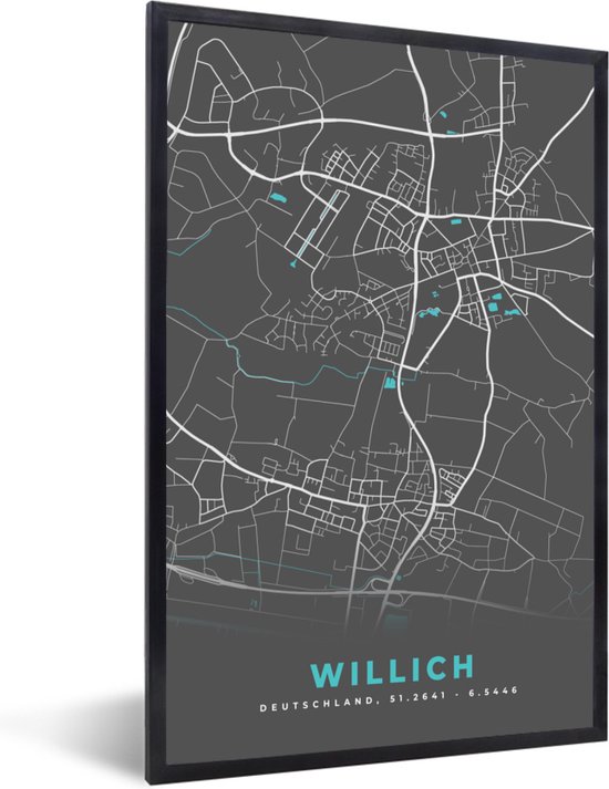 Fotolijst incl. Poster - Stadskaart – Kaart – Willich – Blauw ...