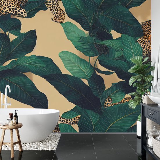 Fotobehang Seamless Tropical Pattern With Exotic Trees, Leopards, And ...