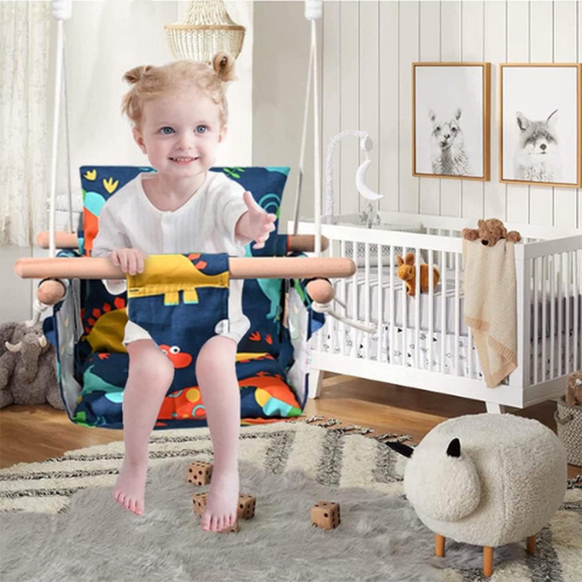 Luxe Houten Babyschommel - Dinosaurus Print - 3 In 1 Meegroei Baby ...
