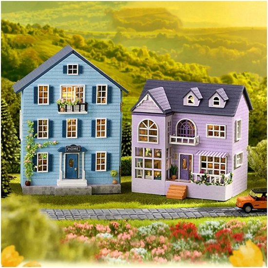 Miniatuur Zelfbouw huisjes set van 2 stuks (blauw + paars) | bol.com