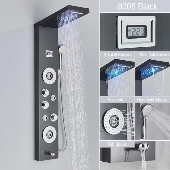 Doucheset met Douchepaneel en LED Verlichting - Zwart - Waterval ...